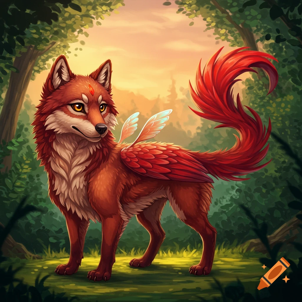 Hybrid creature of a red wolf, dragon, and red-tailed hawk on Craiyon