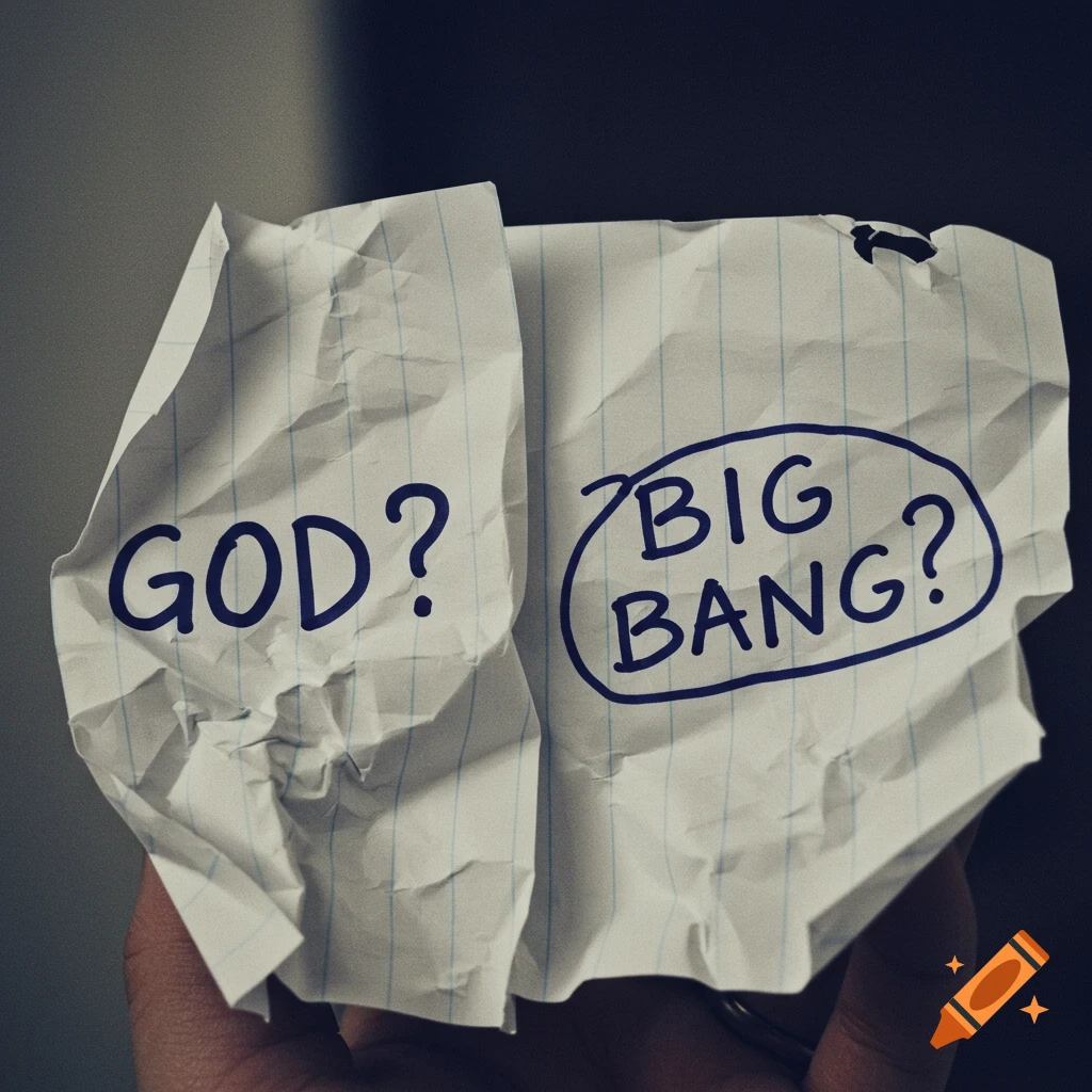 A hand holds two pieces of crumpled paper with "GOD?" on one and "BIG ...