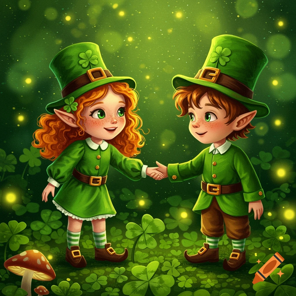 Ginger leprechaun girl holding hands with brown-haired leprechaun boy ...