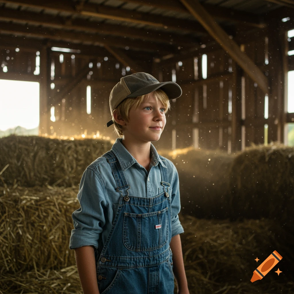 Blond preteen boy in barn with baseball cap, denim shirt, and overalls on Craiyon