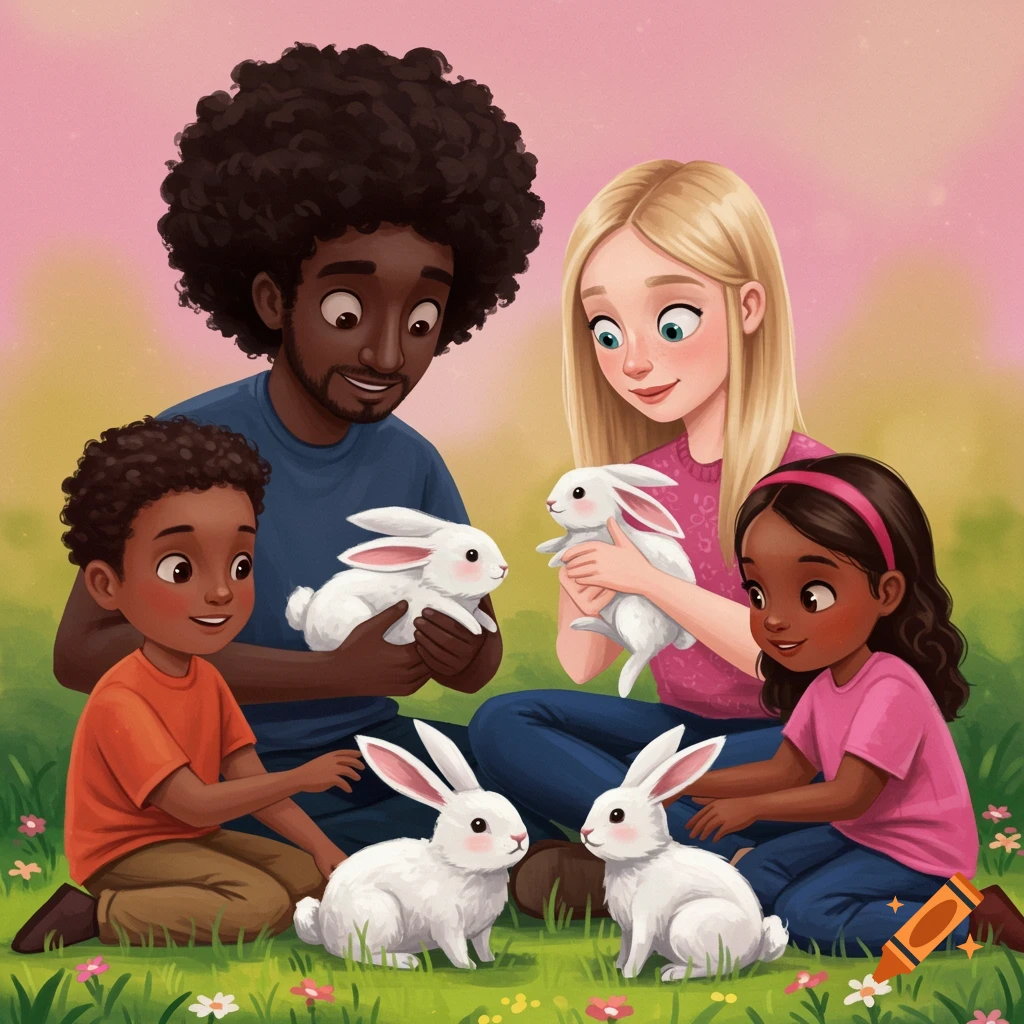 A diverse family sits in a field with their pet rabbits in a whimsical ...