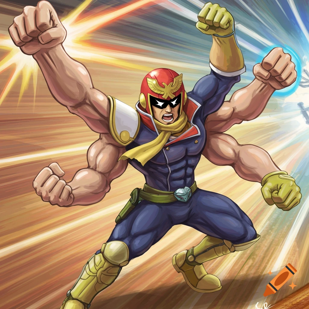 Captain Falcon using Falcon Punch with four arms on Craiyon