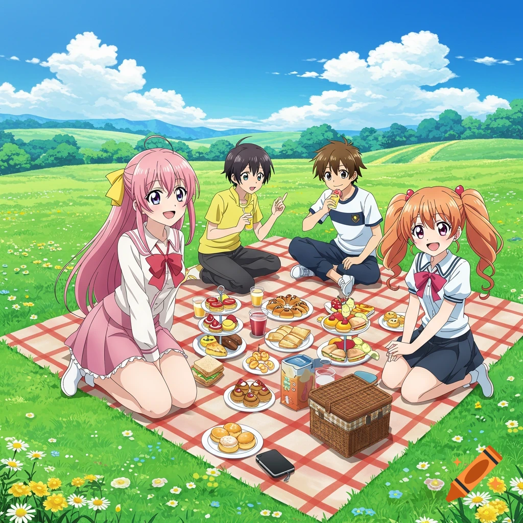 Four anime characters pose on a tank under a cloudy sky, rendered in a ...