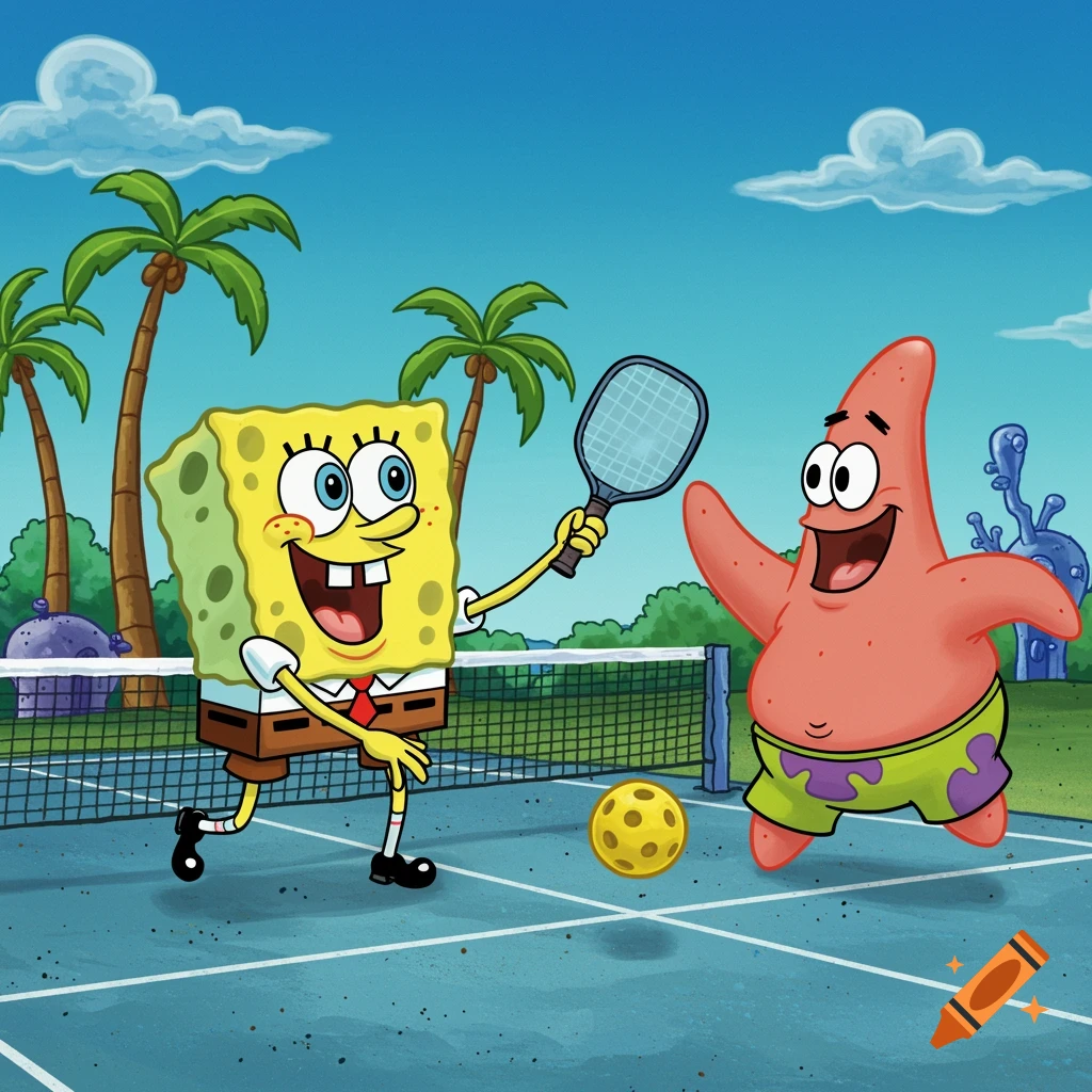 SpongeBob, Patrick, and a Squidward-like character play volleyball ...