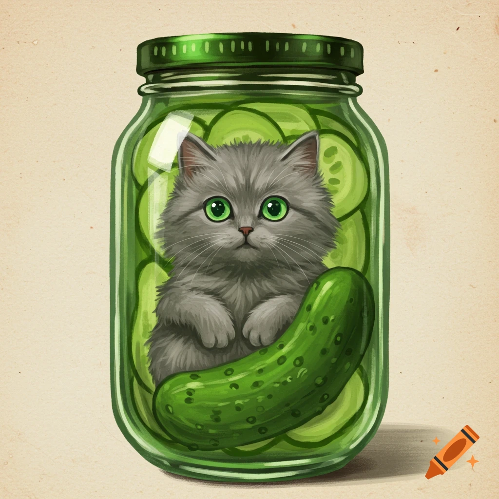 A cute grey cat is inside a jar of pickles, surrounded by pickle slices ...