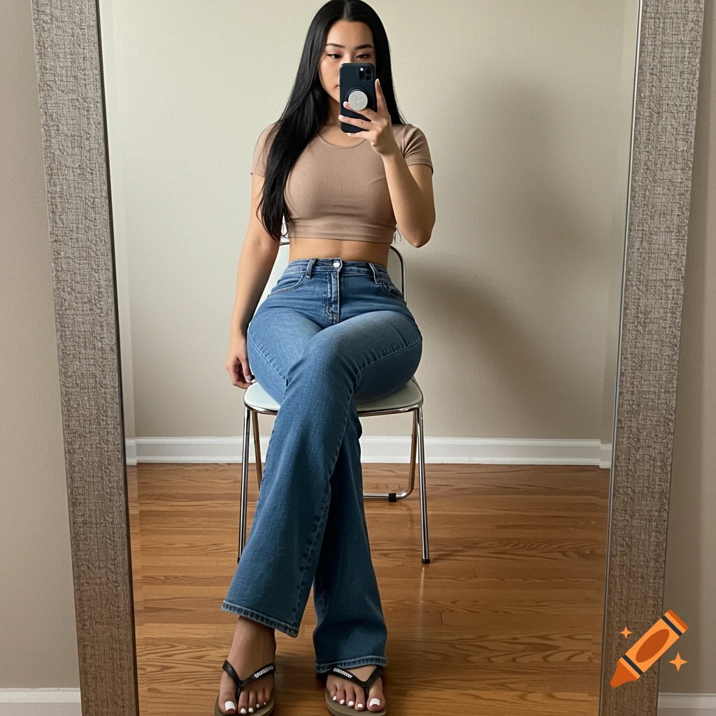 A woman in a crop top and flared jeans sits on a chair, taking a mirror ...