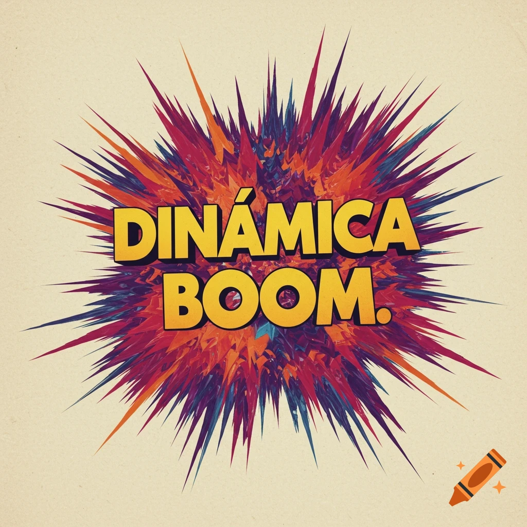 Yellow text 'DINÁMICA BOOM.' over an abstract colorful explosion shape ...