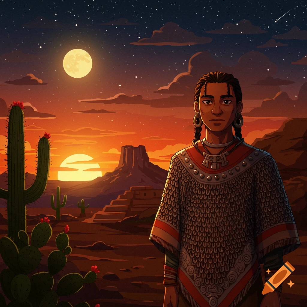 Mexican night with Aztec theme and riveted chainmail poncho on Craiyon