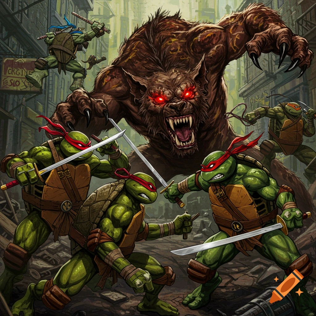 Teenage Mutant Ninja Turtles fighting a chupacabra on Craiyon