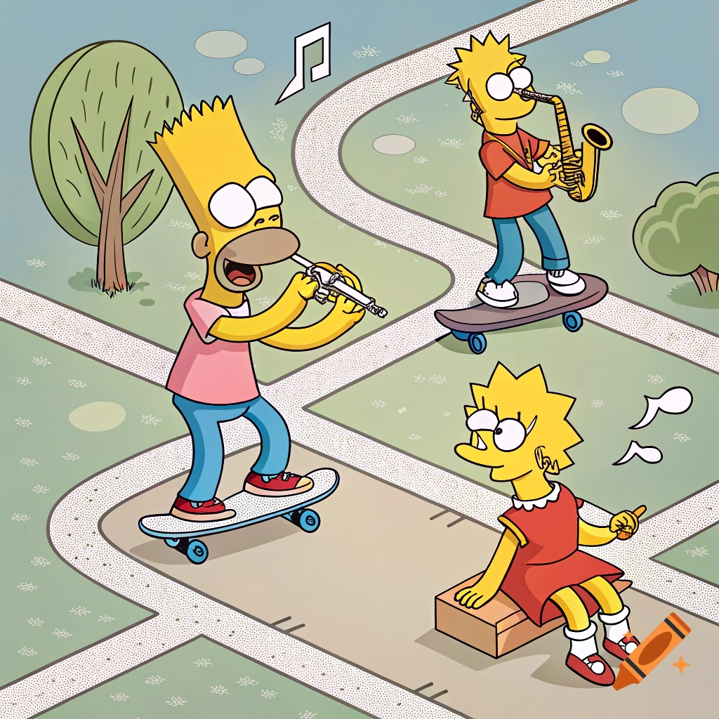 Drawing of Simpsons characters (Bart and Lisa) connected by a path and ...