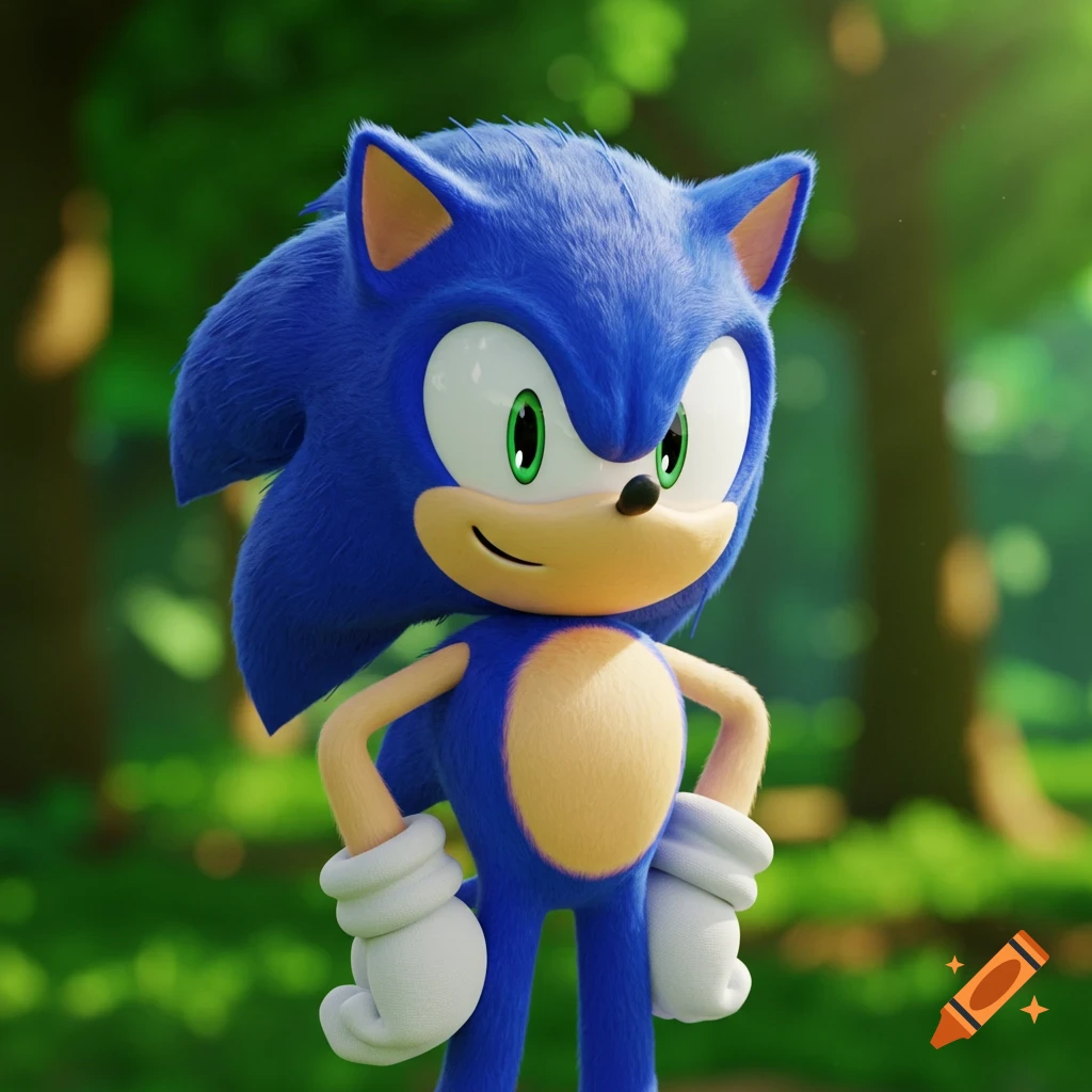 A 3D render of Sonic the Hedgehog standing in a forest. on Craiyon