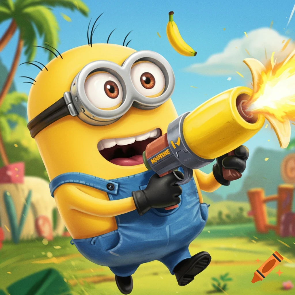 A Minion character is firing a banana from a banana-shaped blaster in a ...
