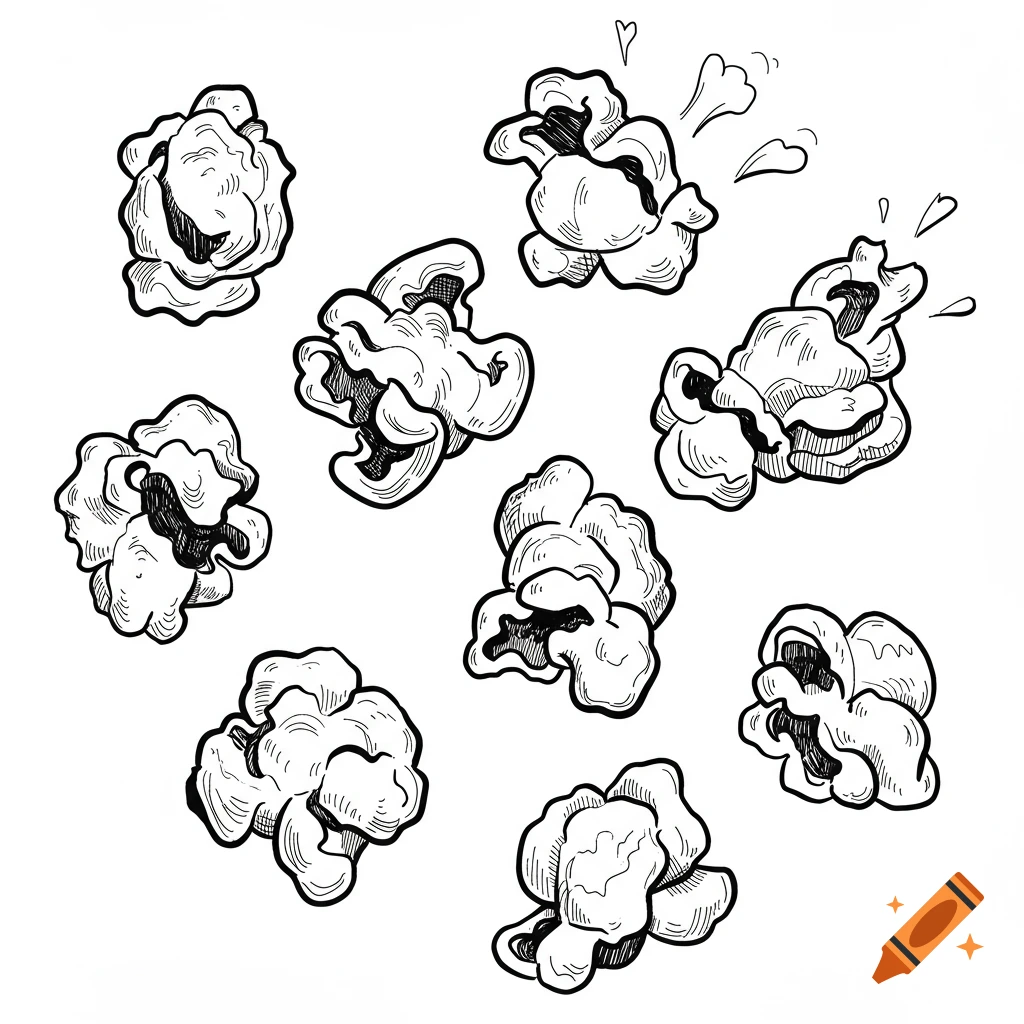 Monochrome line drawing of popcorn kernels on Craiyon