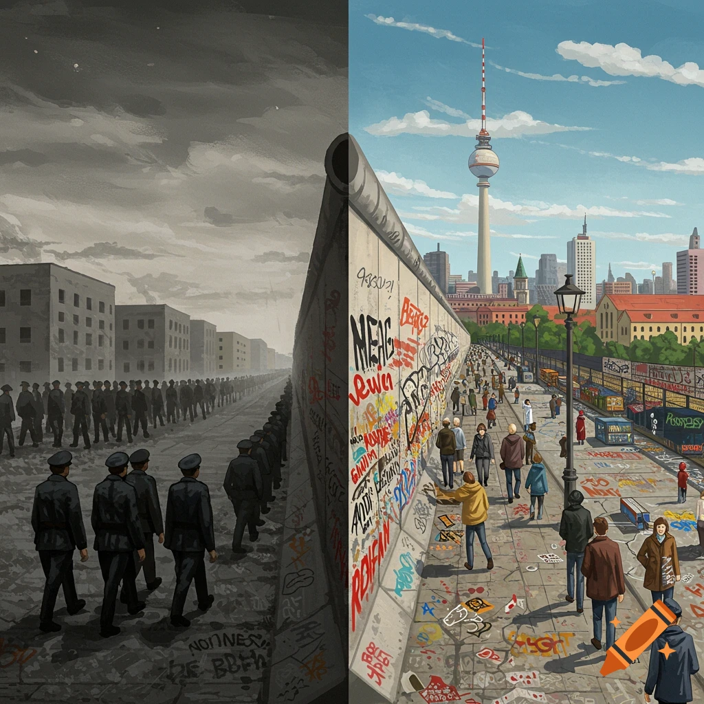 Alternate history cityscape with large buildings, clock tower, flags ...