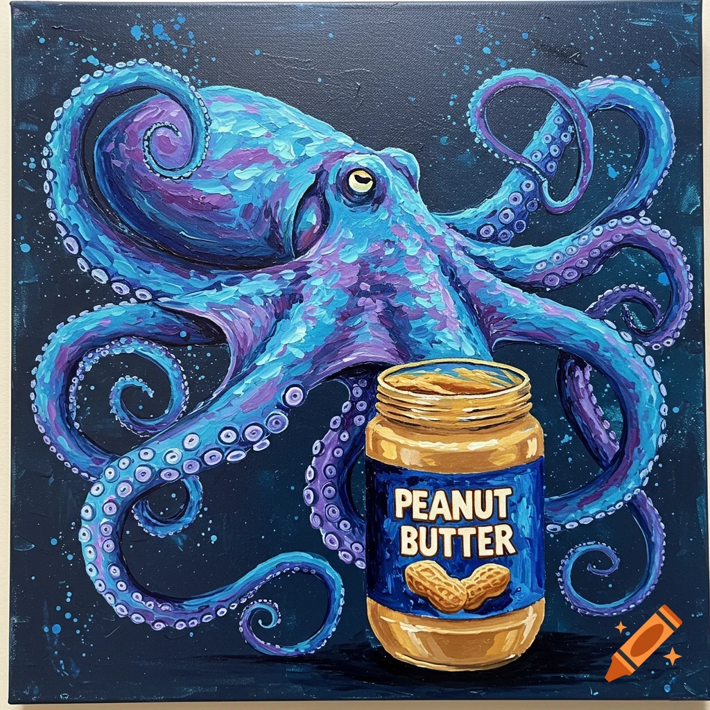 Abstract acrylic painting of an octopus opening a peanut butter jar on ...