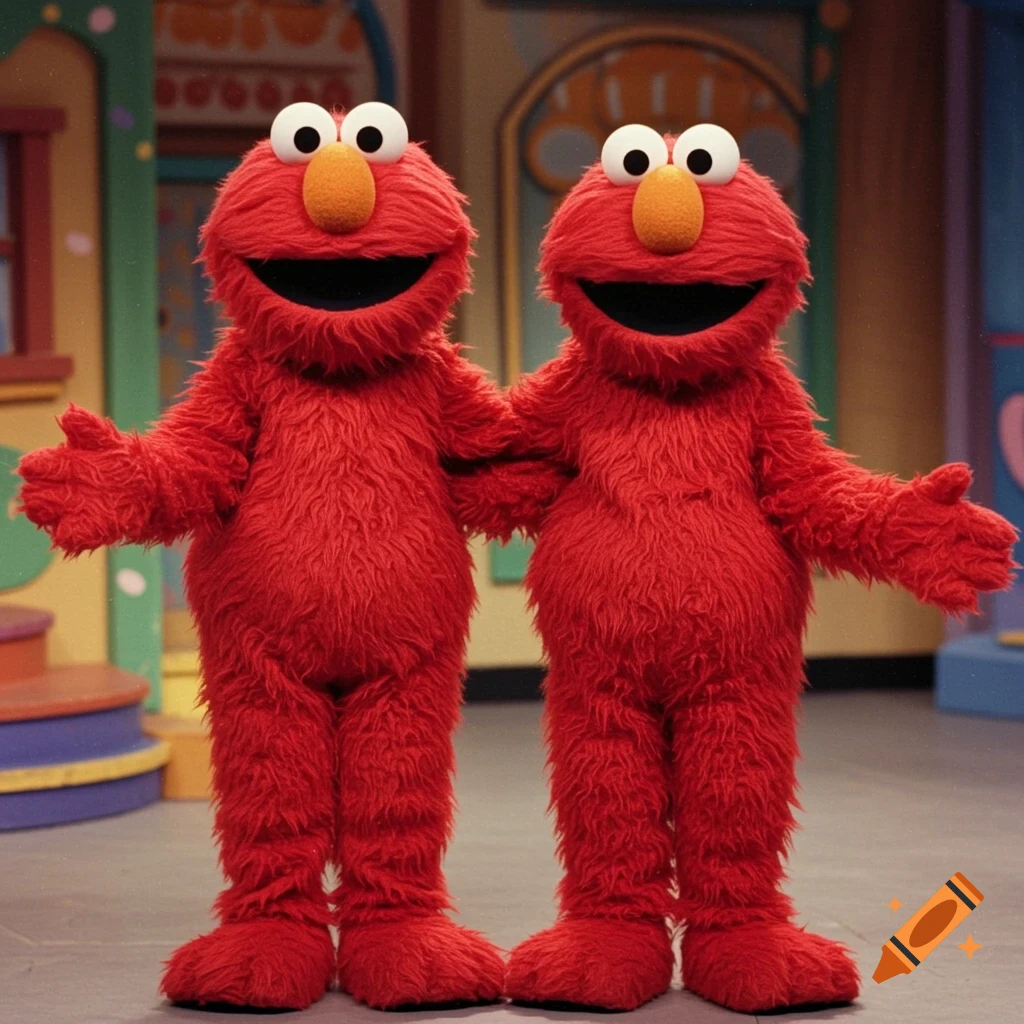 Two Elmo mascot costumes from 1990s Sesame Street on Craiyon