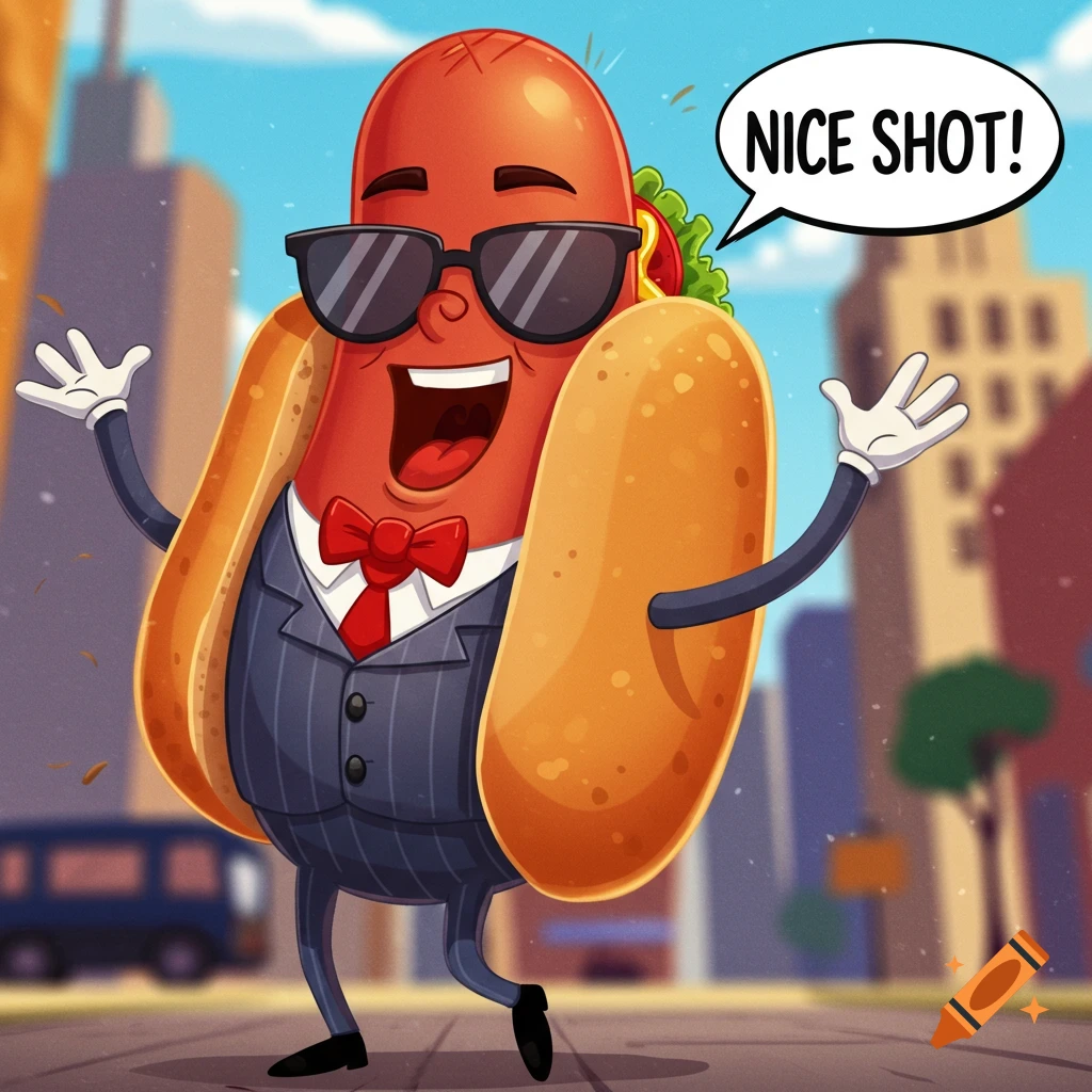Animated hot dog businessman with sunglasses saying nice shot on Craiyon