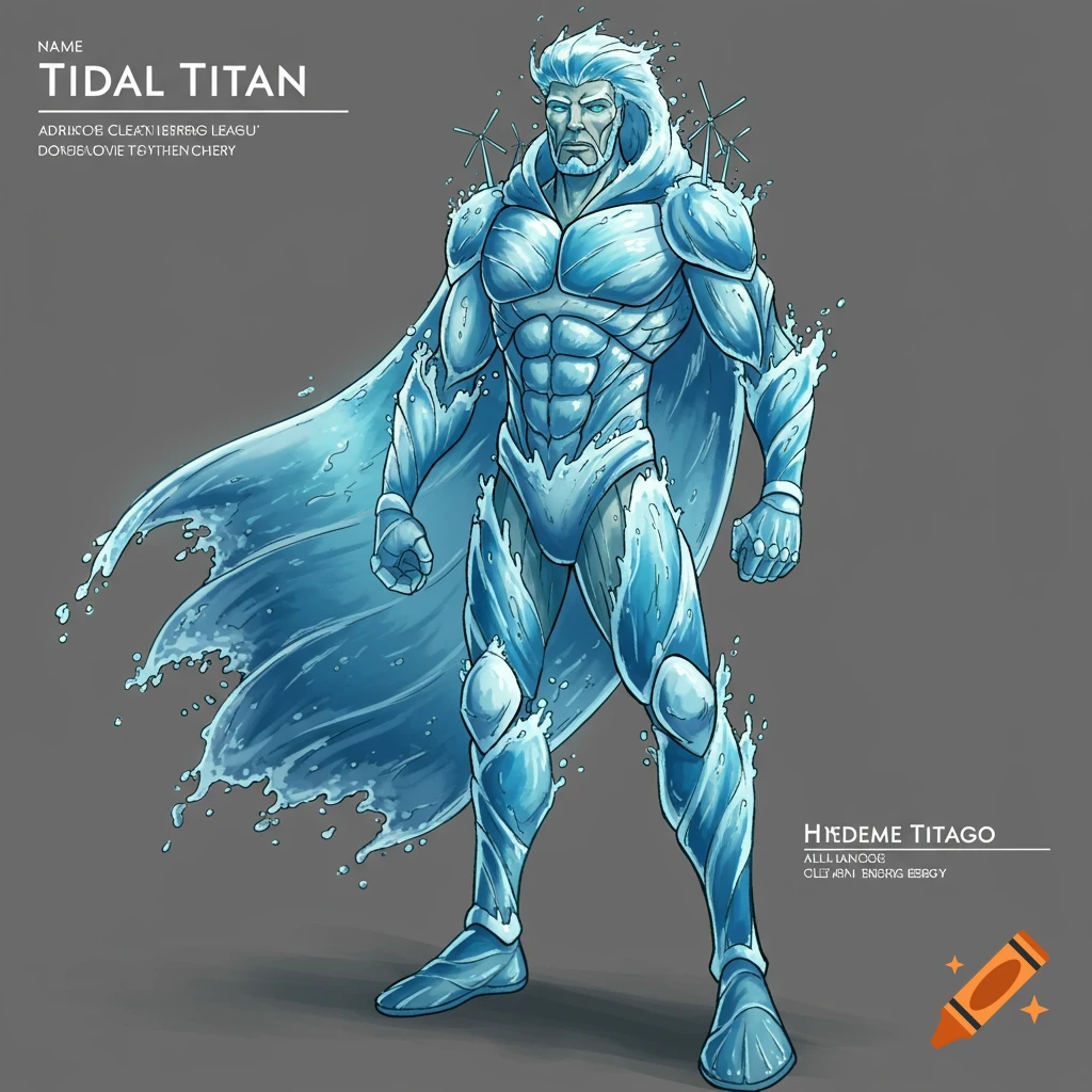 Drawing of Tidal Titan, a clean energy hero with water armor and ...