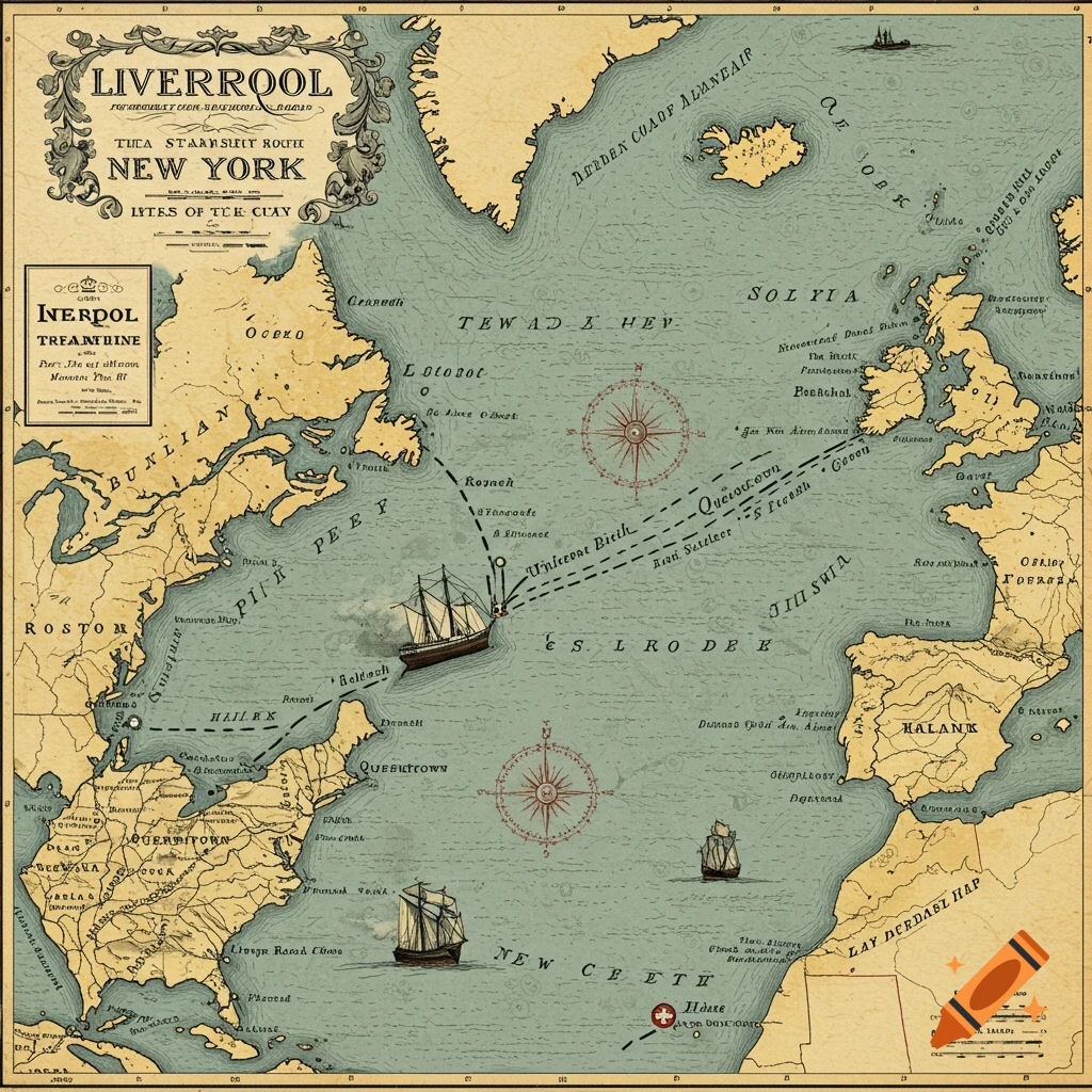 Technical map of a steamship route from Liverpool to New York in the ...