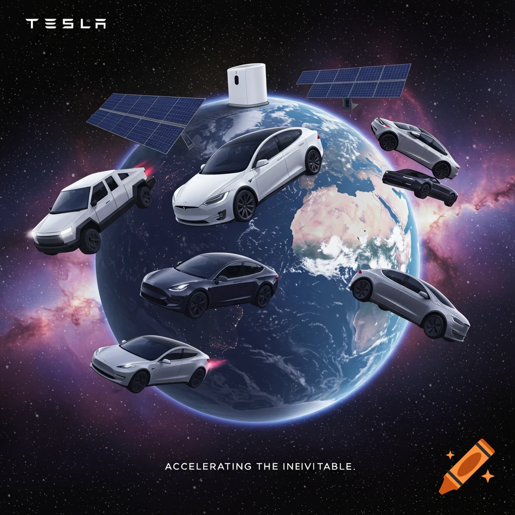Tesla vehicles and energy products orbiting Earth with tagline on Craiyon