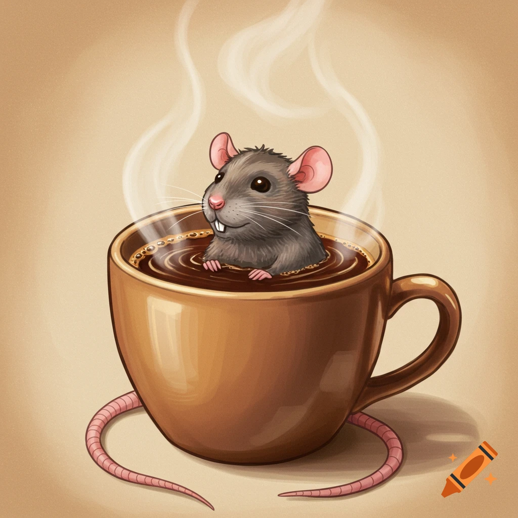 An illustration of a brown rat sitting on a pink-frosted donut with ...