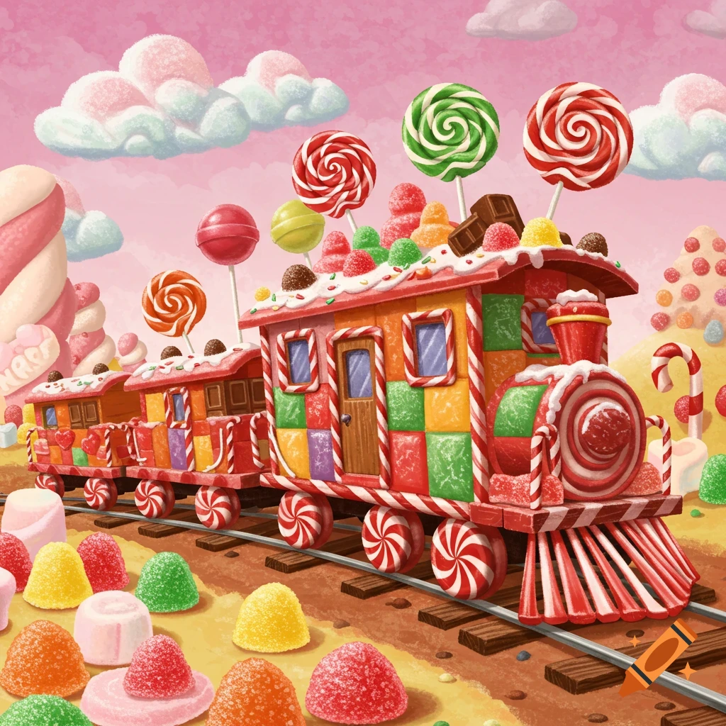 A vibrant castle built entirely from colorful candies, surrounded by a ...