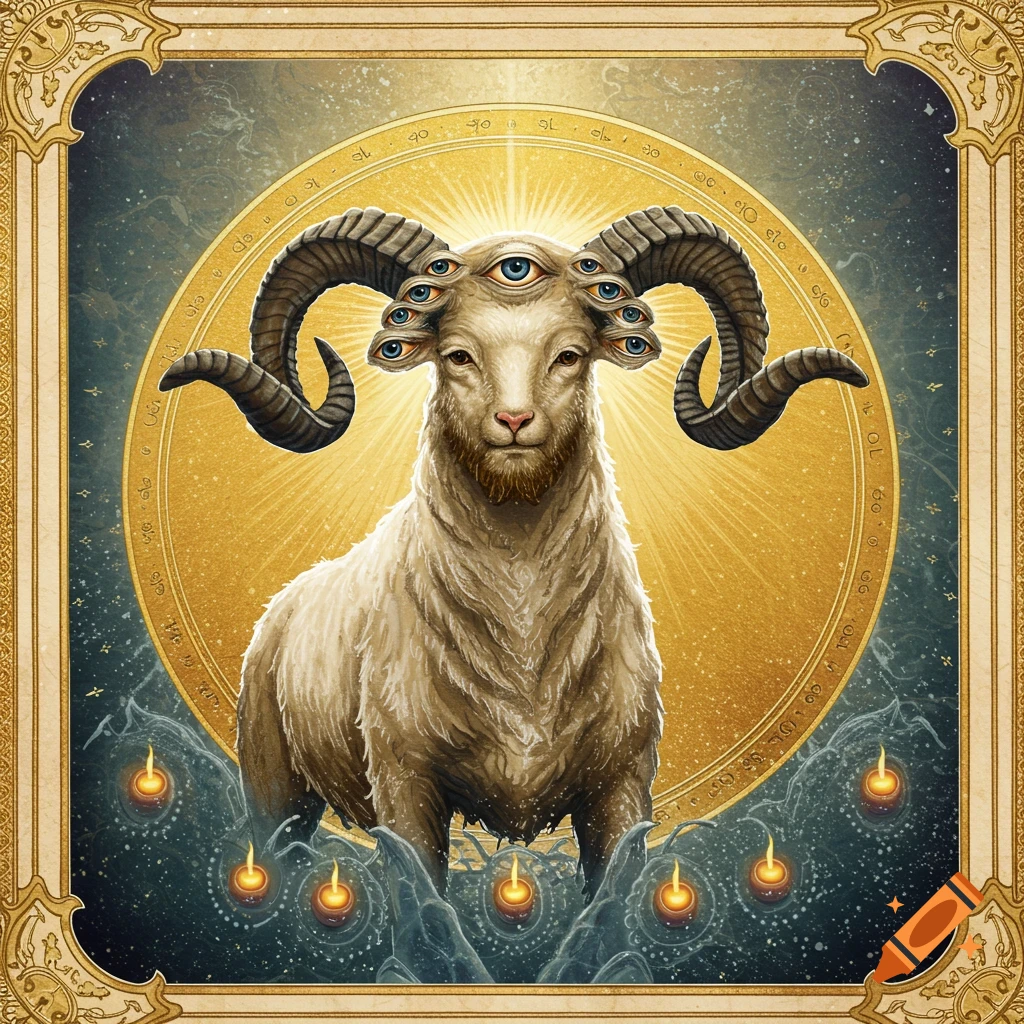 Lamb with seven horns and seven eyes standing before a throne on Craiyon