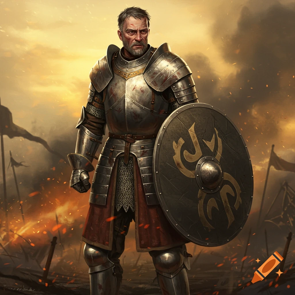 A knight in plate armor holding a shield on a fiery battlefield at ...