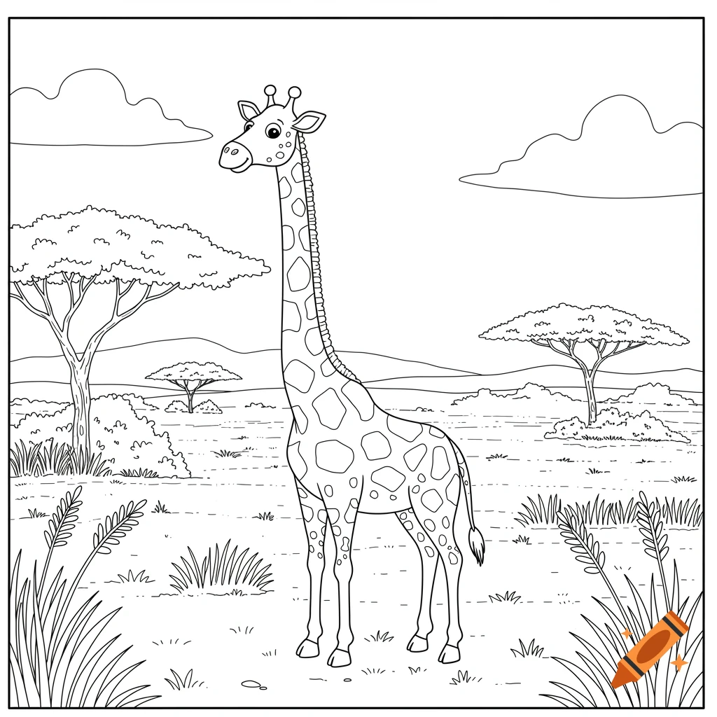 Cartoon giraffe line art for coloring on Craiyon