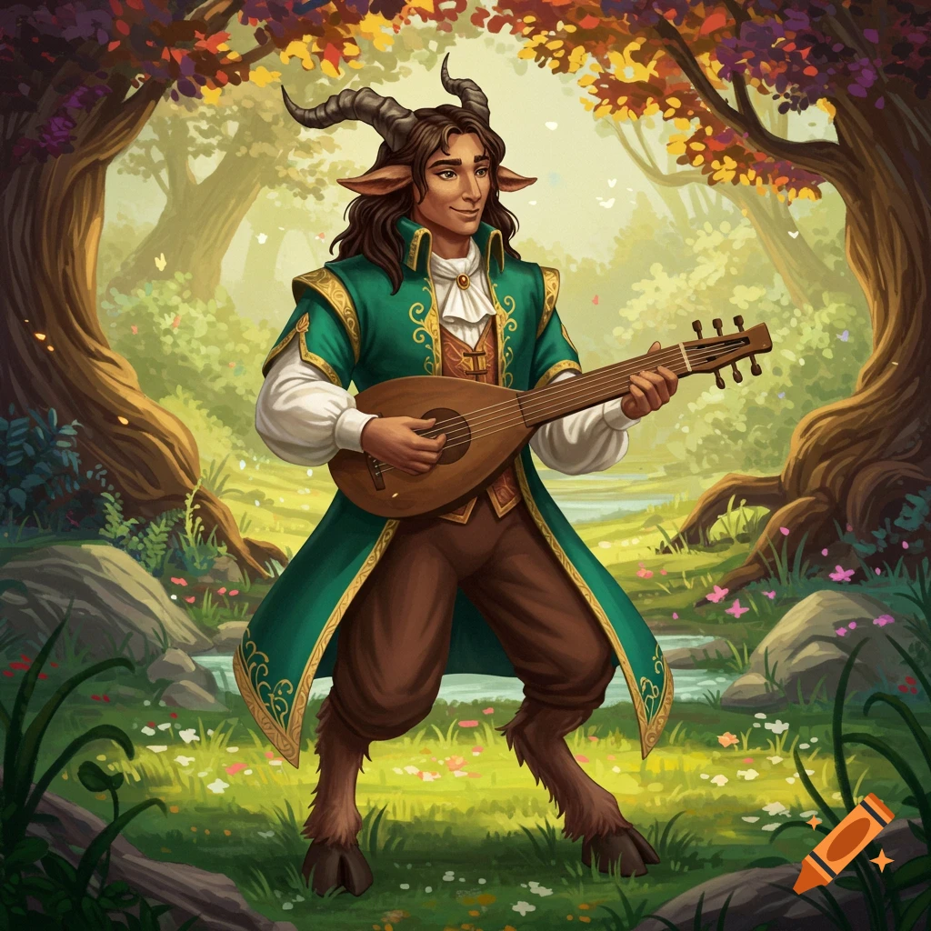 A happy fantasy bard character plays a lute in a swamp. on Craiyon