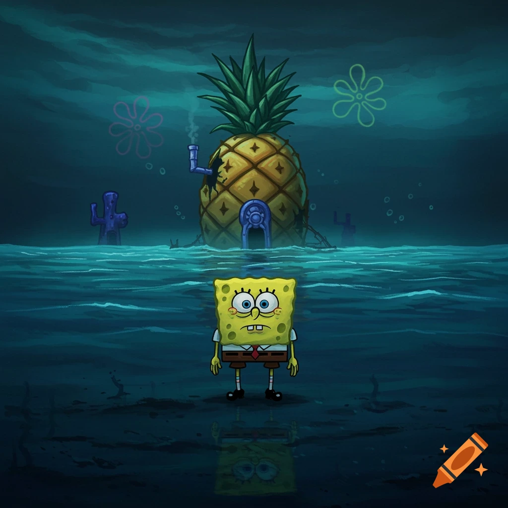 Somber SpongeBob in dark ocean scene with decaying pineapple house on ...