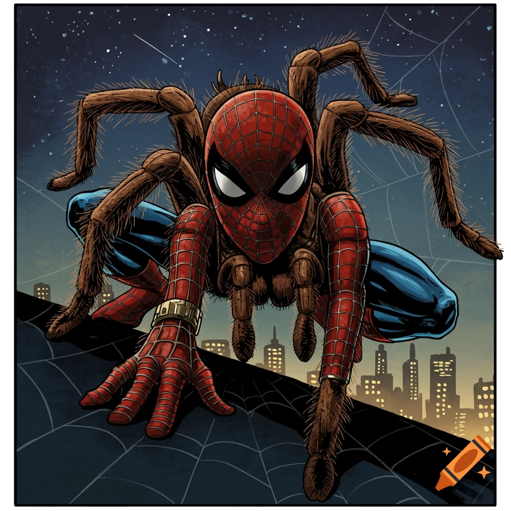 A tarantula in a Spider-Man costume crawling on a web on a rooftop. on ...