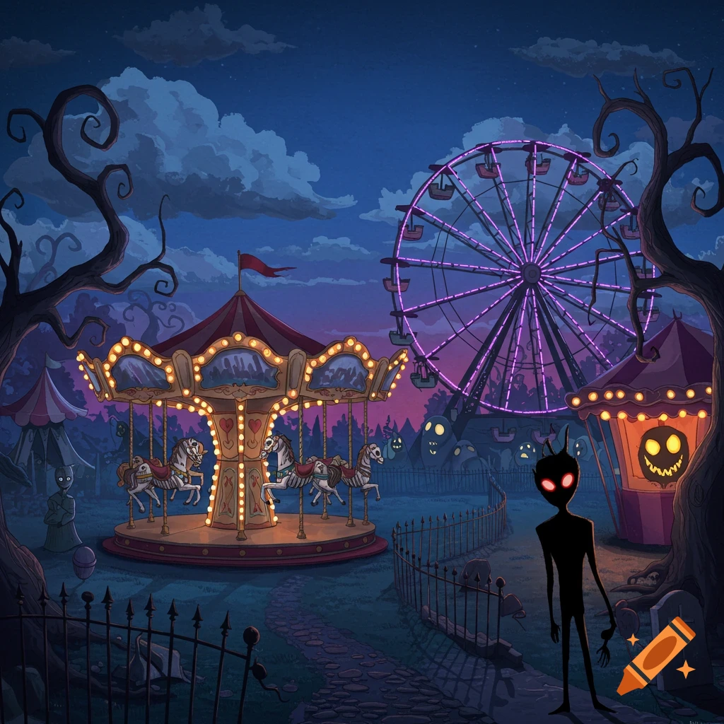 A spooky carnival scene at night with a merry-go-round, Ferris wheel ...