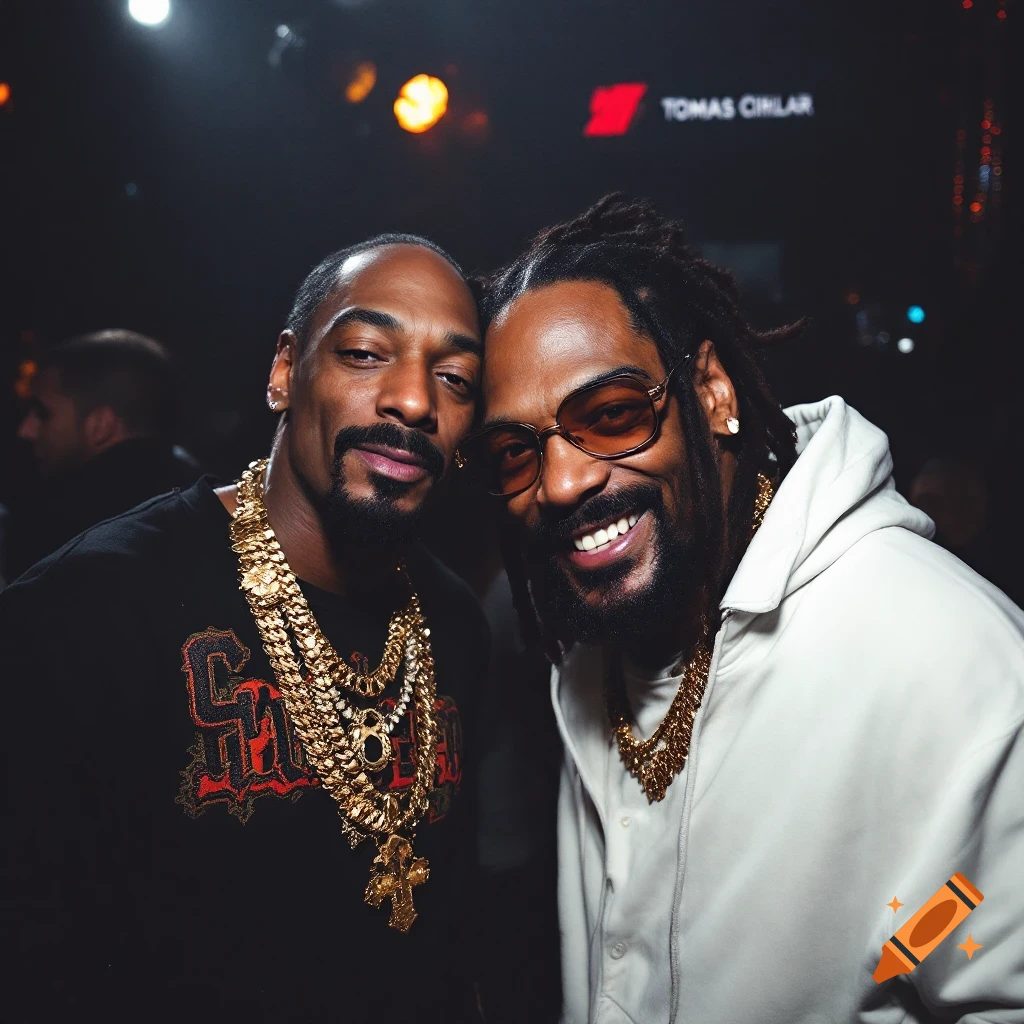Snoop Dogg and Tomas Cihlar pose for a photo at a party, wearing large ...