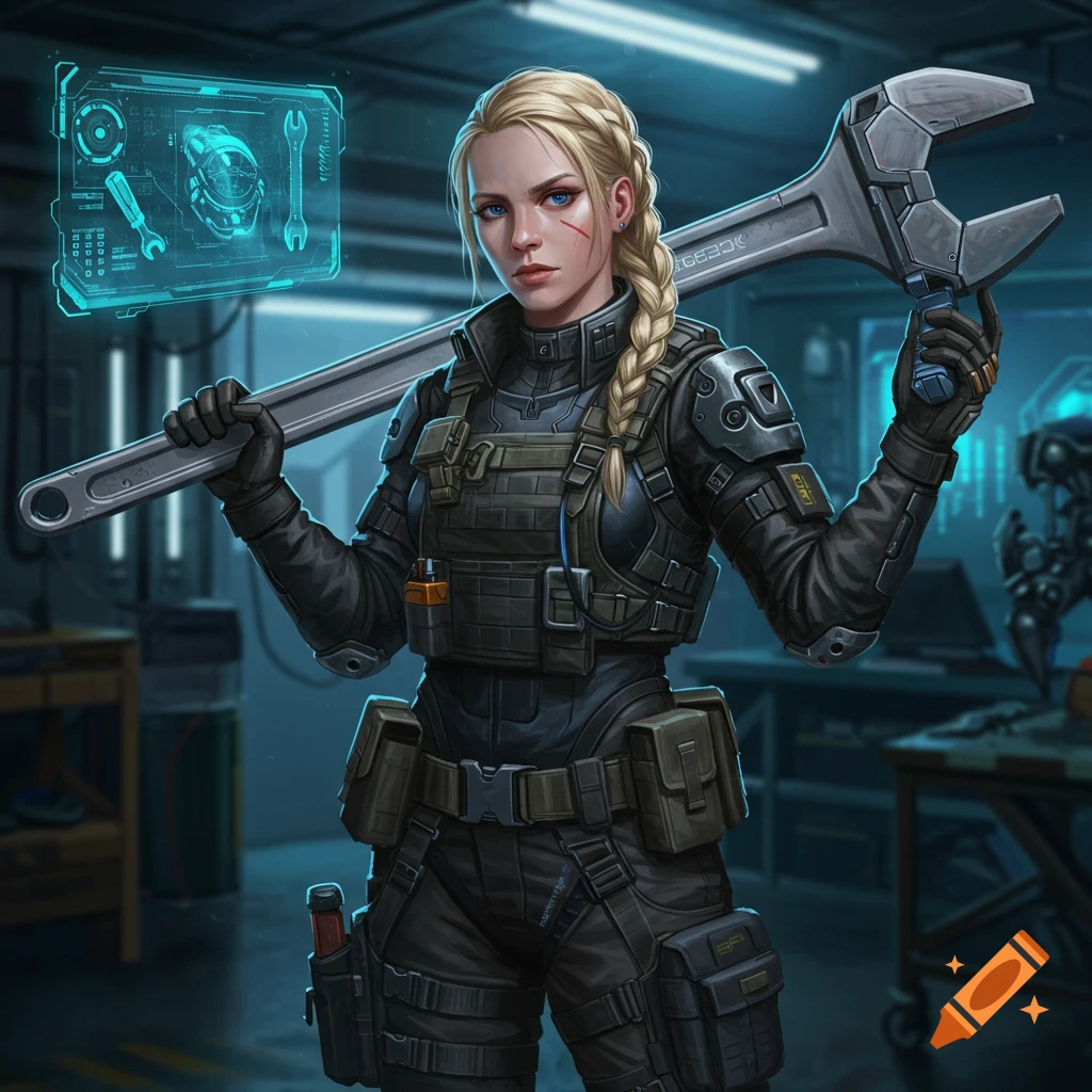 Blonde female mechanic in tactical gear holding a large wrench in a ...