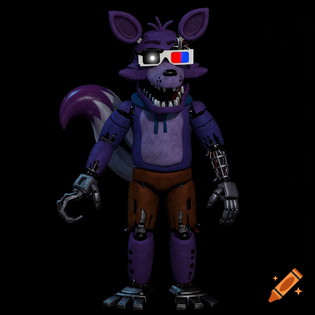 Fox animatronic with purple fur, glowing white eyes, 3D glasses, blue ...