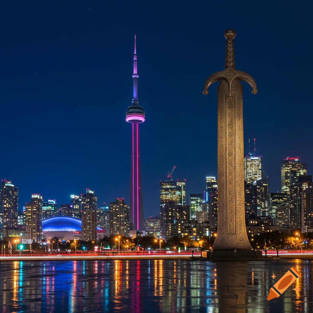 Damascene Sword monument next to CN Tower in Toronto at night on Craiyon