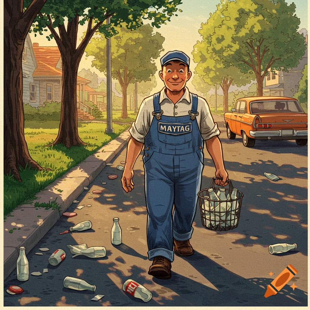 Maytag man collecting milk bottles on the street on Craiyon