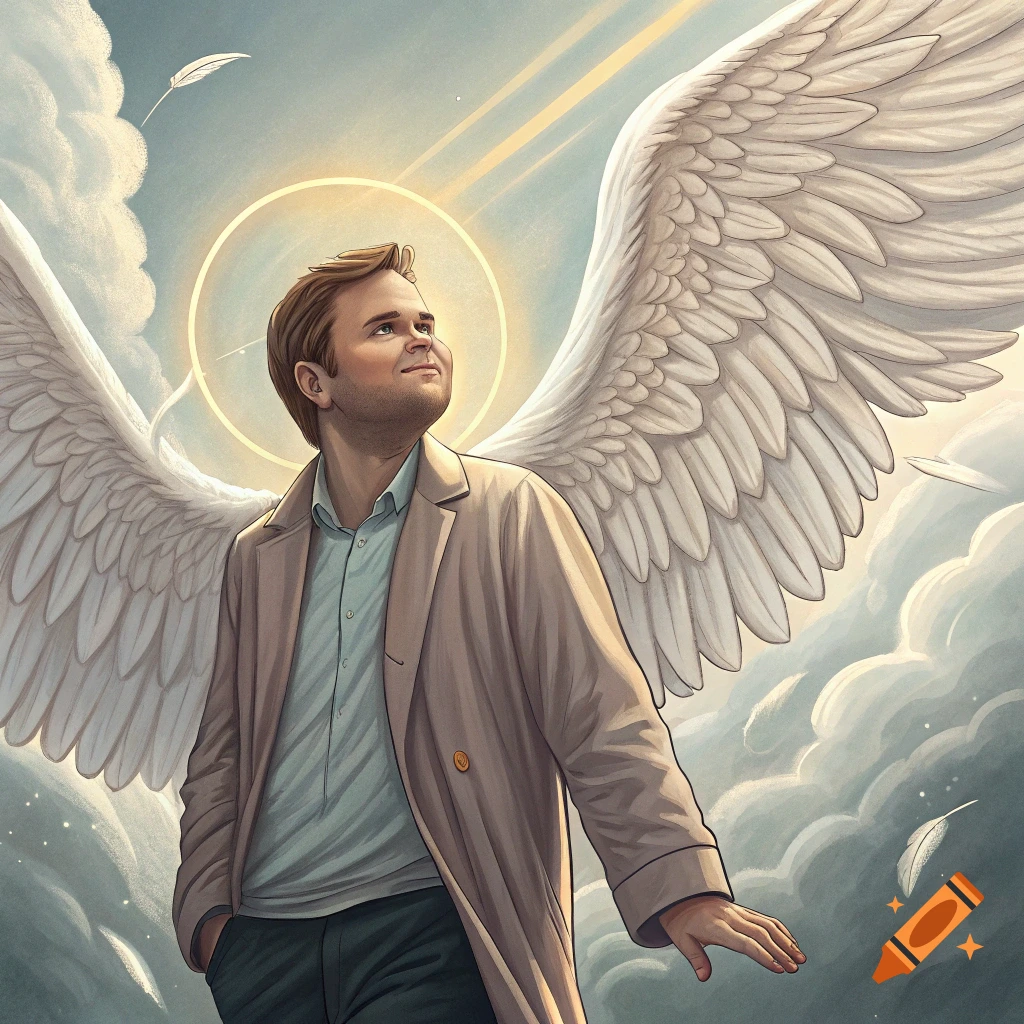 A man depicted as an angel with large white wings and a halo stands ...