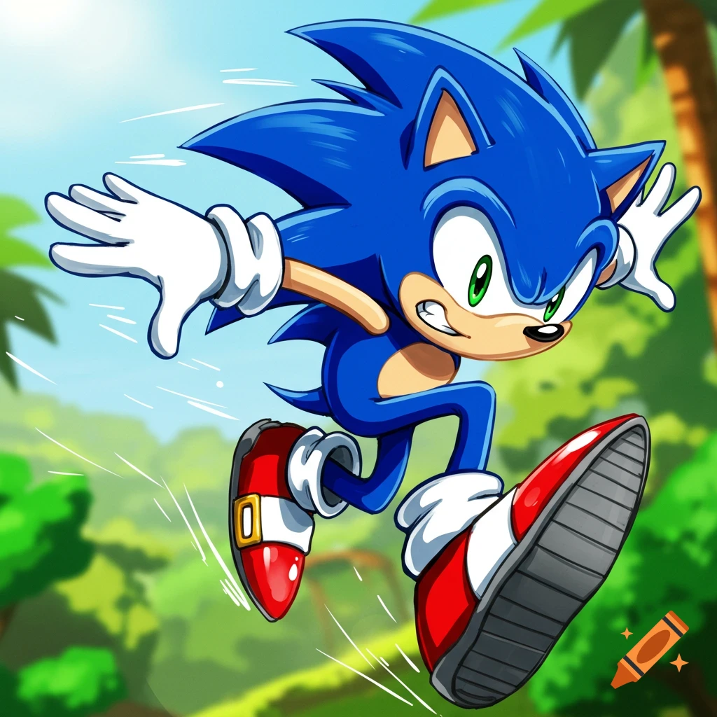 Sonic the Hedgehog with mud-covered shoes and gloves in a grassy field ...