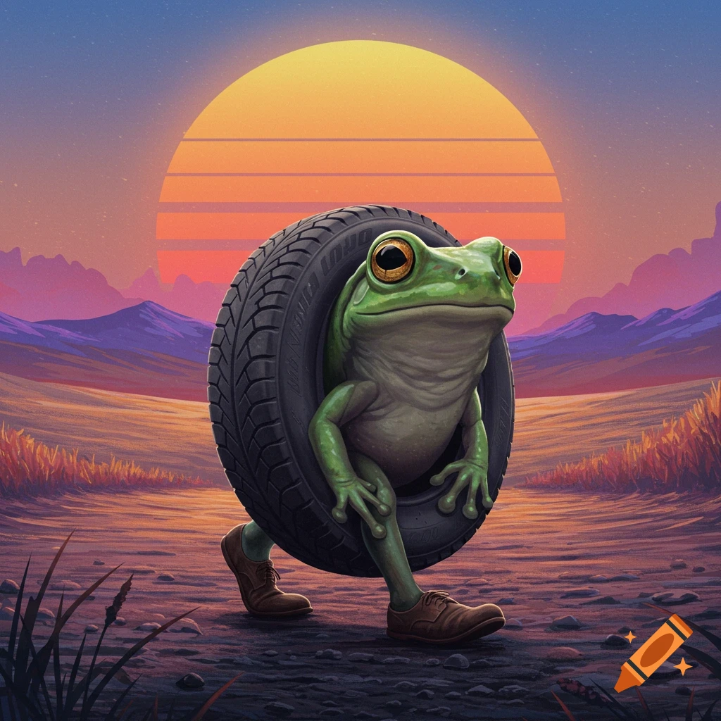 A frog man wearing a leather coat and bandolier rides a motorcycle at ...