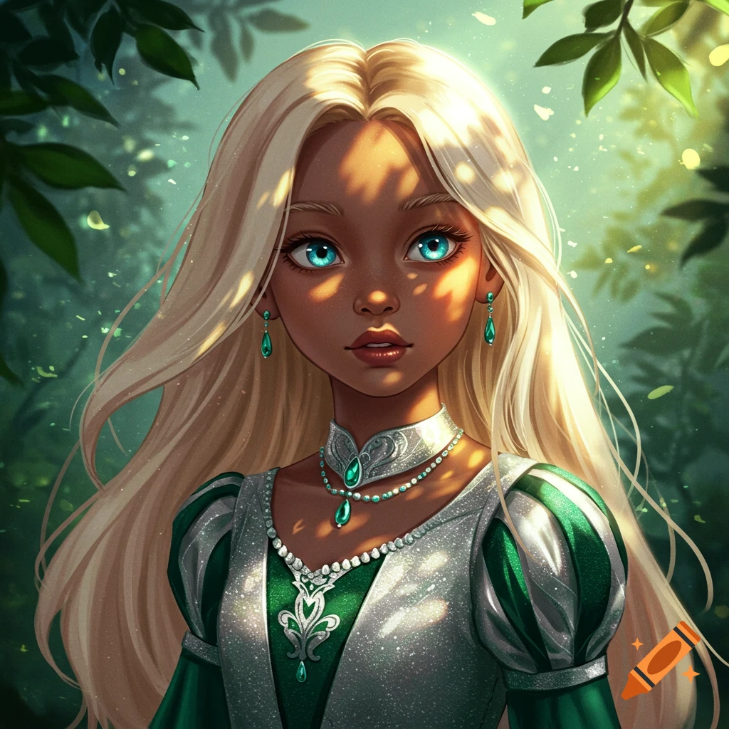 A fantasy girl with blonde hair, dark skin, wearing a green and silver ...
