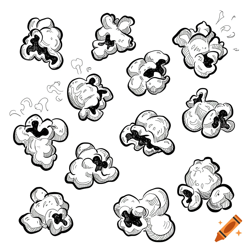 Monochrome line drawing of popcorn kernels on Craiyon