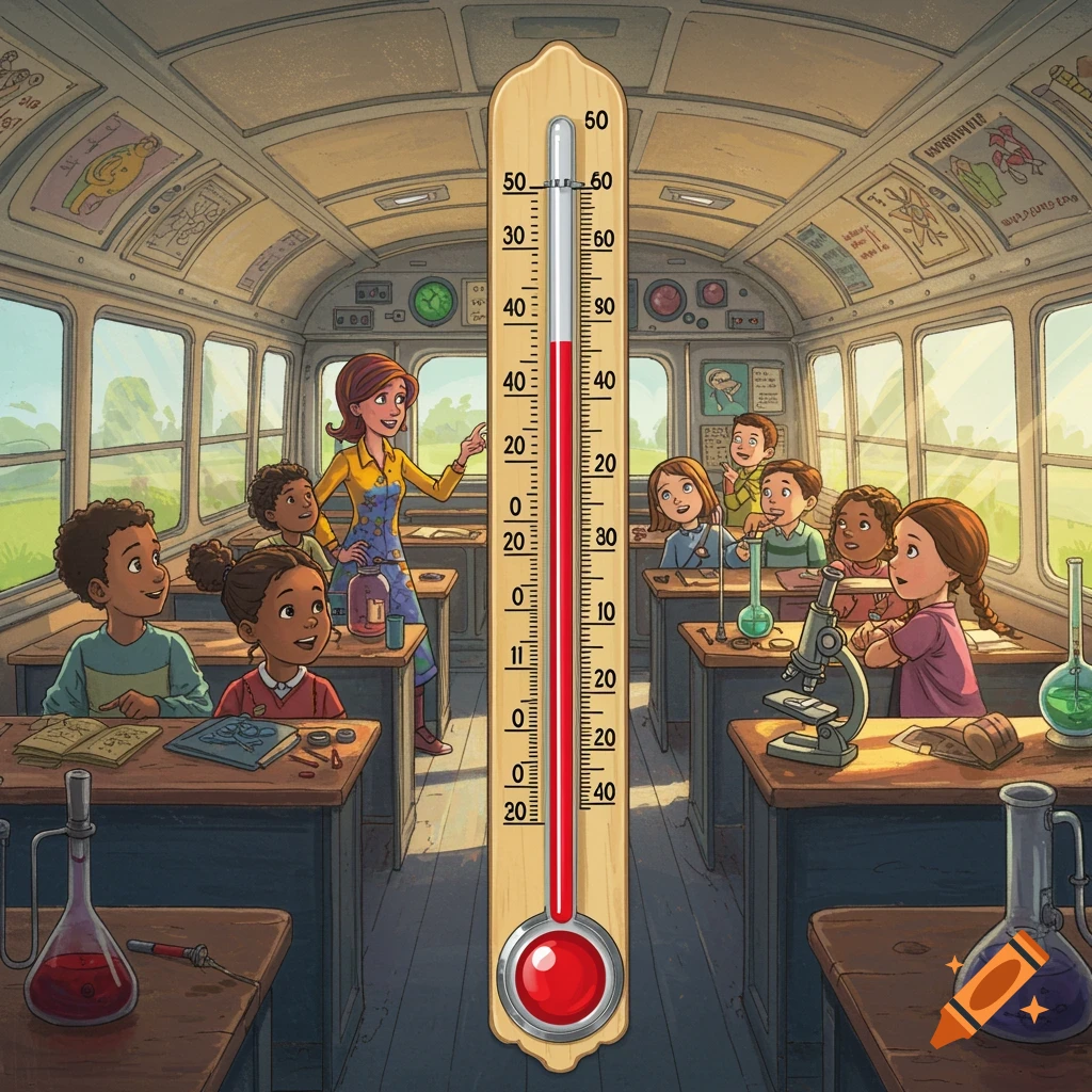 Illustration of a science class inside a bus with a teacher, students ...