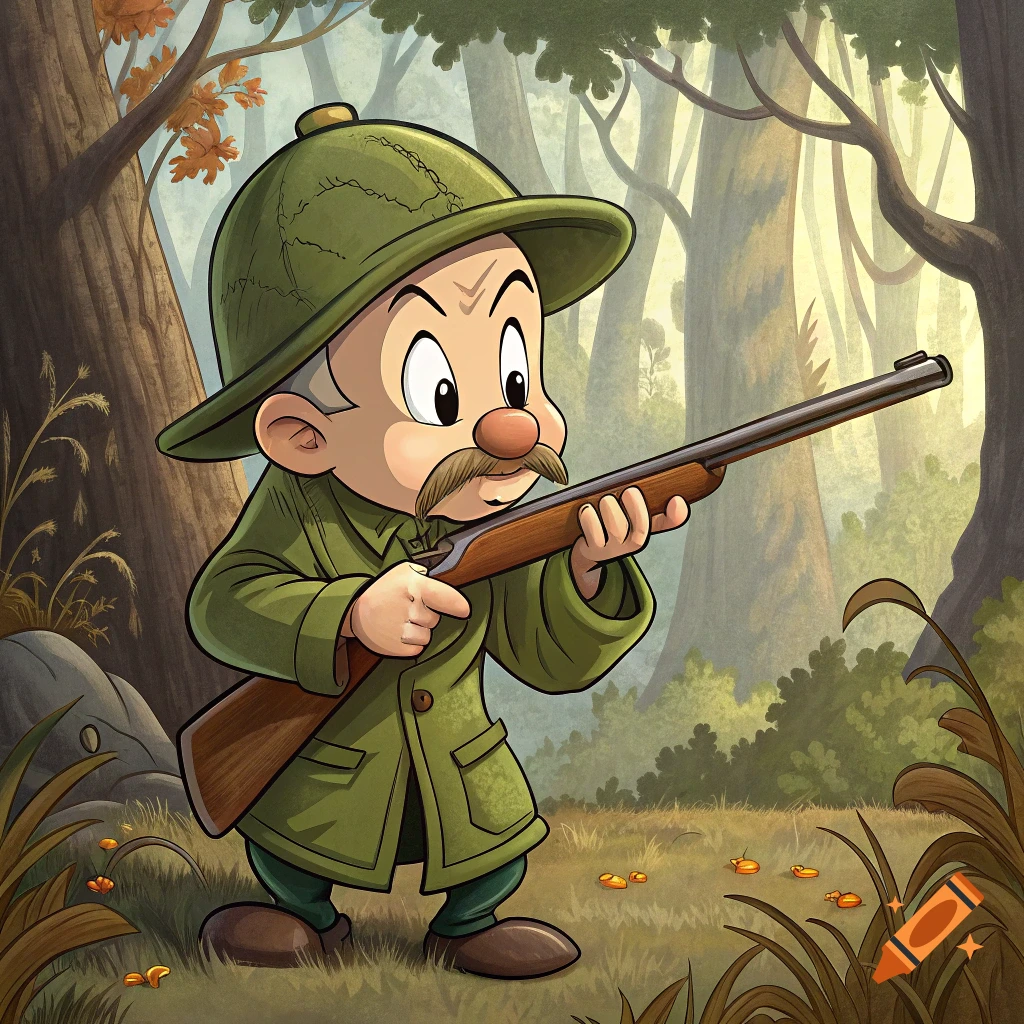 Woody Woodpecker brandishing a mallet at two angry hunters, one holding ...