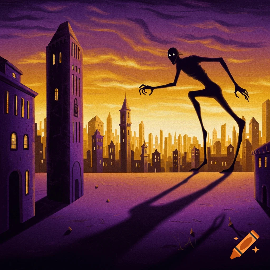 Surrealist painting of a purple and gold cityscape with a dark figure ...