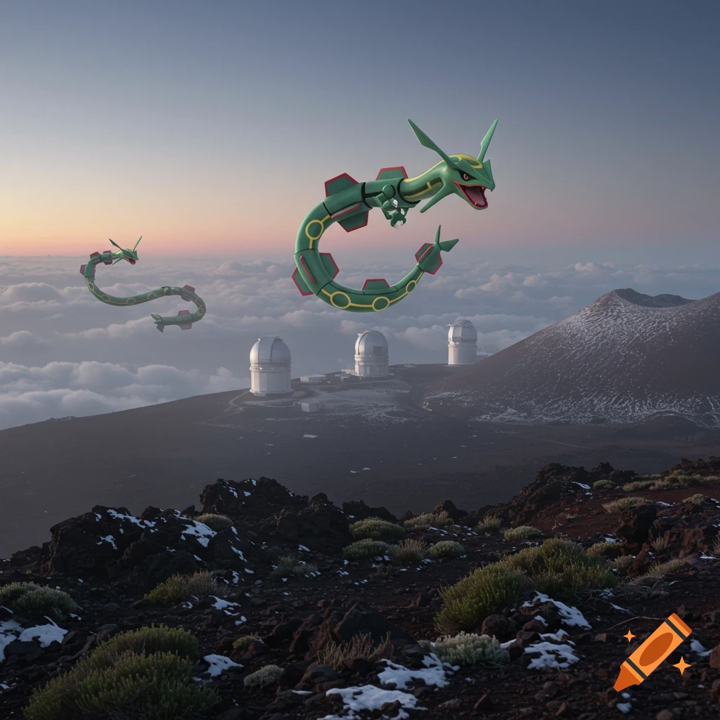 Rayquaza flying above Mauna Kea, Hawaii at sunrise on Craiyon