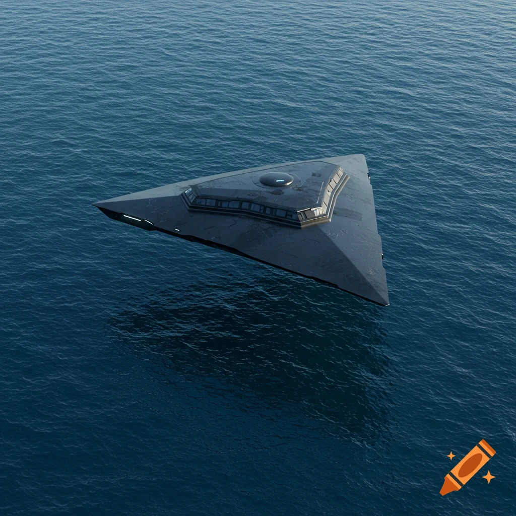 A dark triangular shaped UFO hovers above an ocean. Photorealistic. on ...