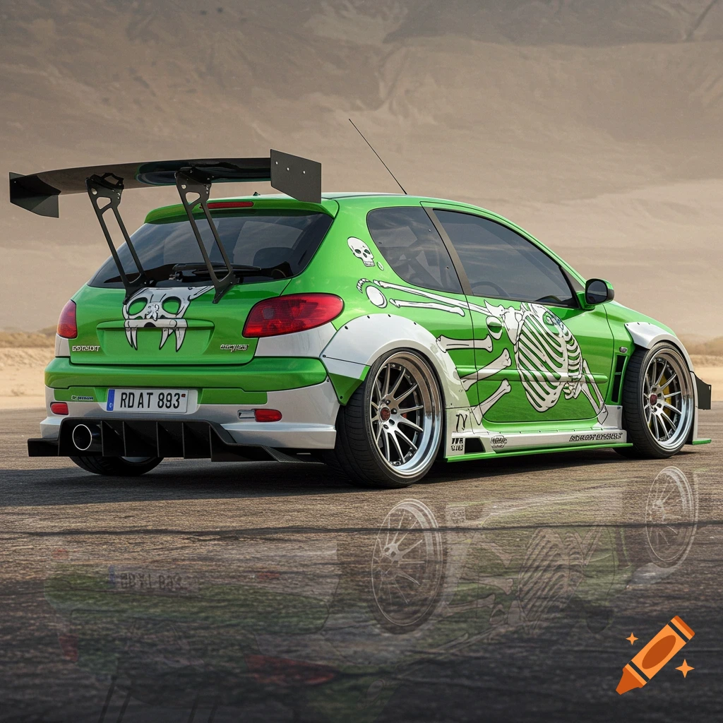 Green and white 206 car with spoiler and skeleton sticker on Craiyon