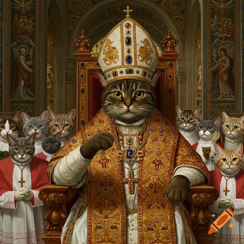 A ginger cat dressed as a pope sits on a throne. on Craiyon